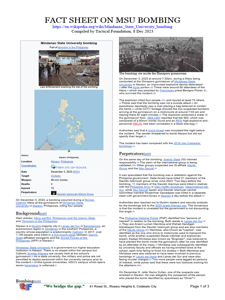Fact Sheet On Msu Bombing | PDF | Philippines