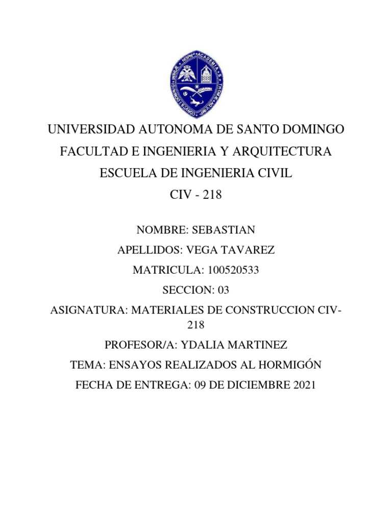 Ensayos Realizados Al Hormigón | Descargar gratis PDF | Hormigón | Ciencias fisicas
