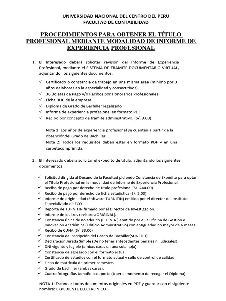 Título Profesional Mediante Modalidad de Informe de Experiencia Profesional | PDF | Teoría ...