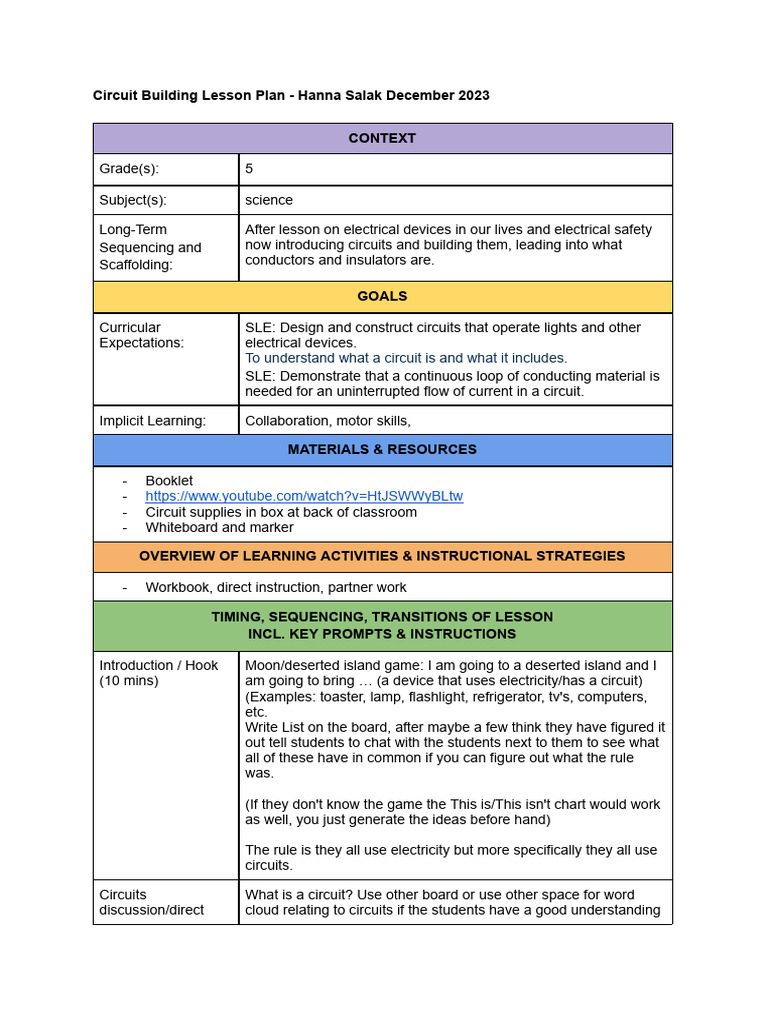Circuit Building Lesson Plan Hanna Salak | PDF | Electrical Conductor ...