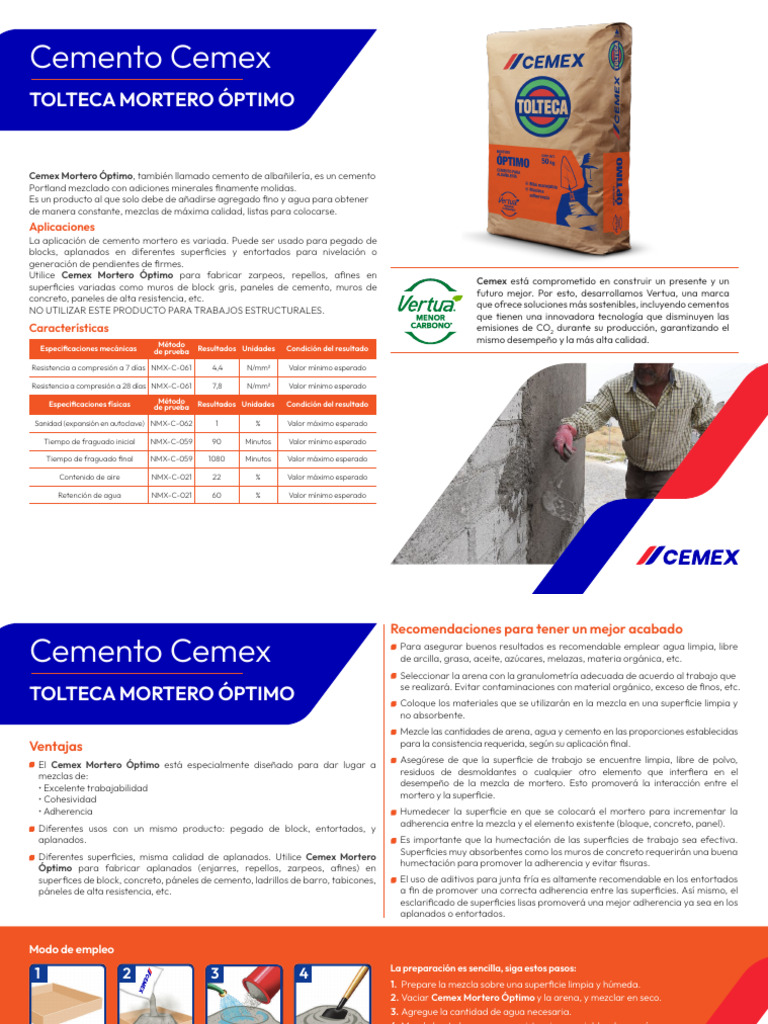 Cemex FichaMortero-Tolteca Jun23 | PDF | Cemento | Hormigón