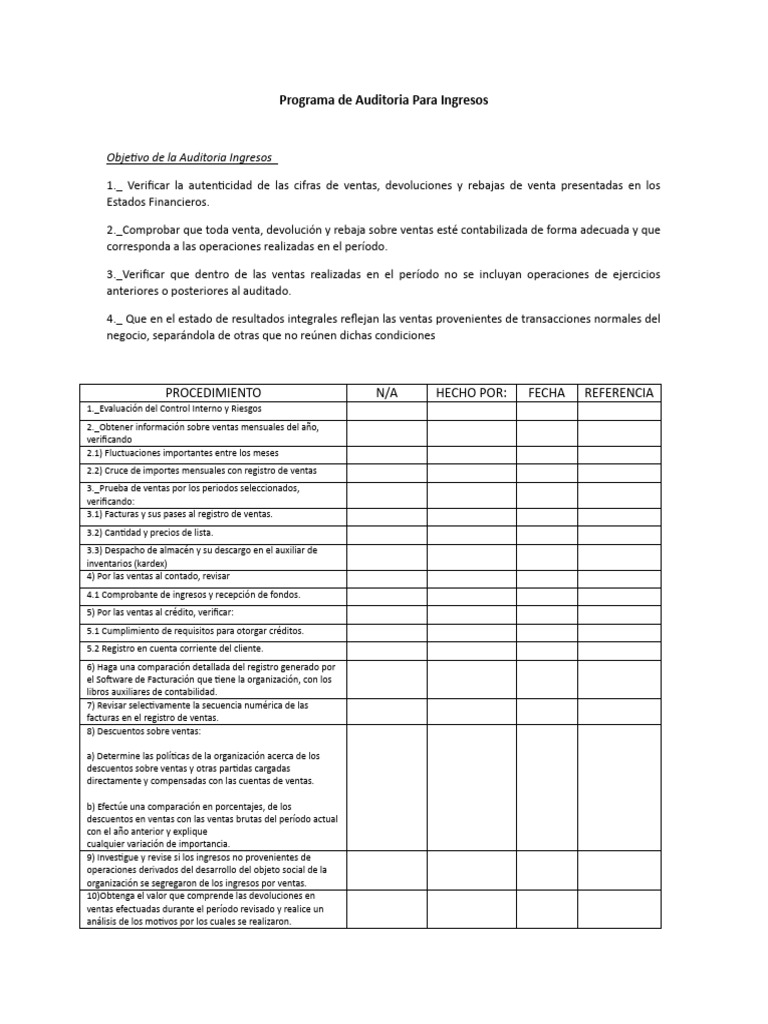 Programa de Auditoria Par Ingresos Costos y Gastos | PDF | Auditoría | Contabilidad