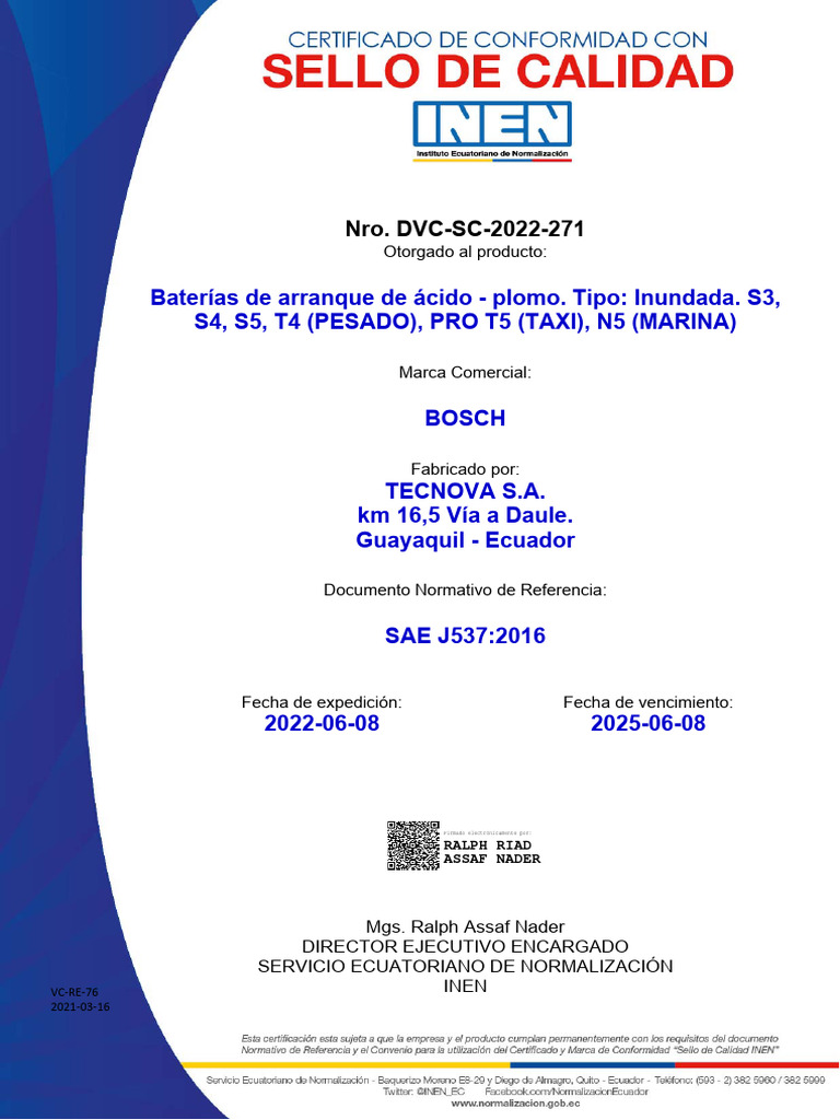 Certificación Baterías Bosch por Tecnova | PDF