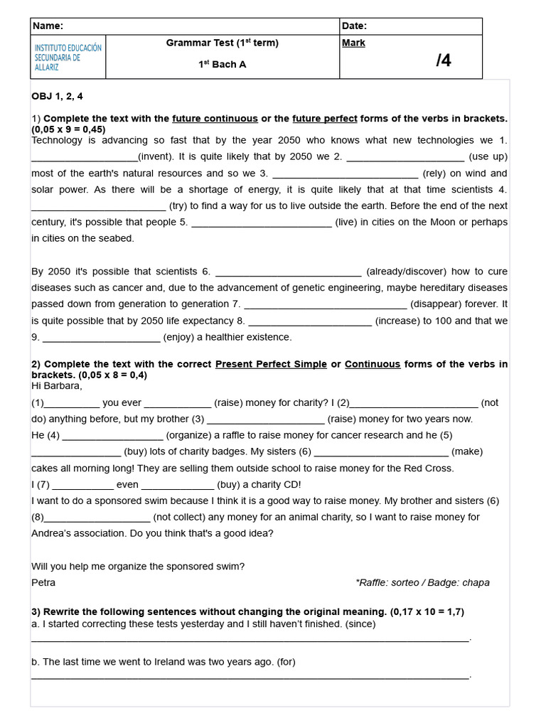 Burlington Skills 1 - Units 1 & 2 Test | PDF