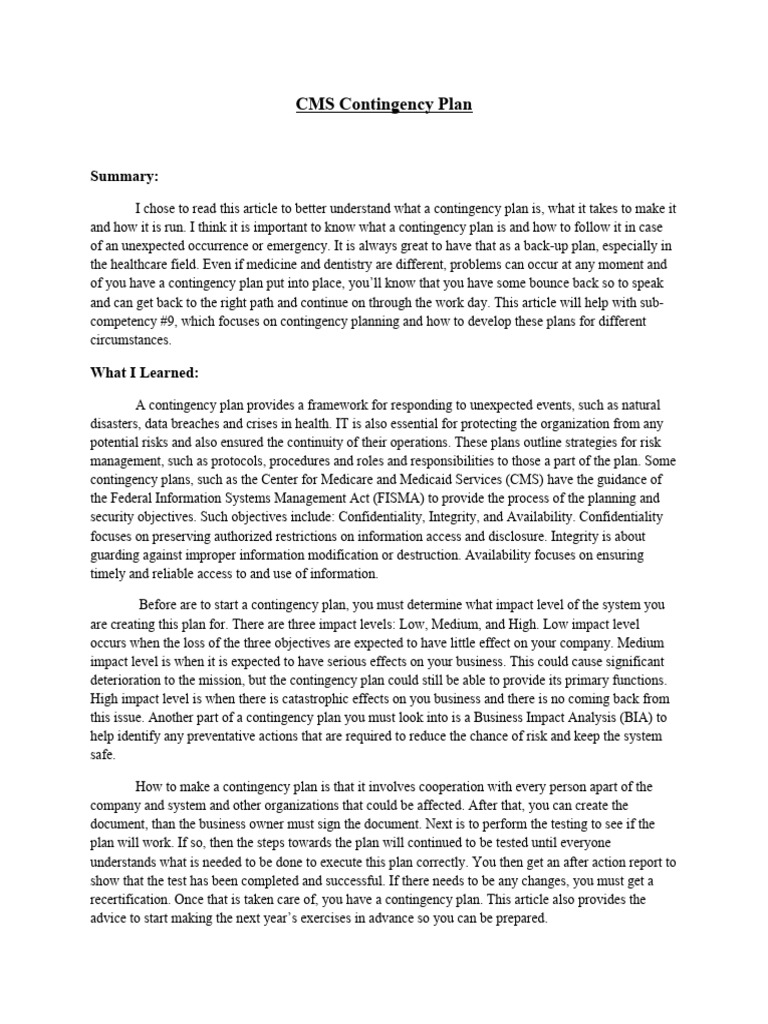 cms contingency plan | PDF | Information Security | Risk