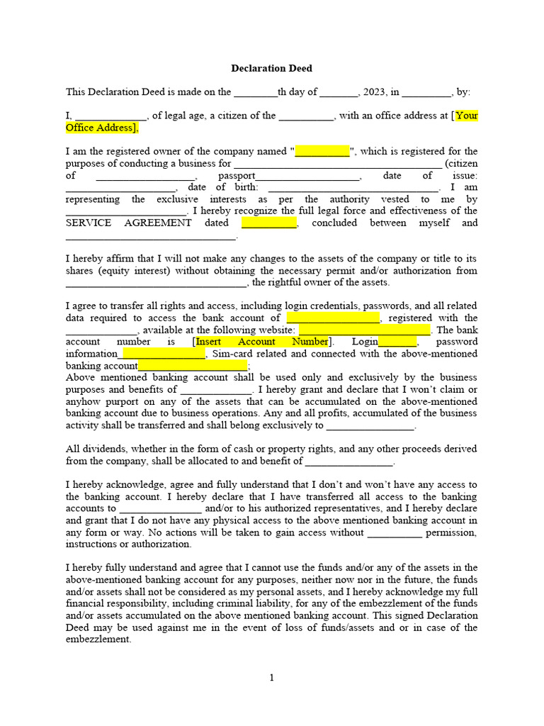 Declaration Deed DR+SHR Draft | PDF | Banks | Common Law