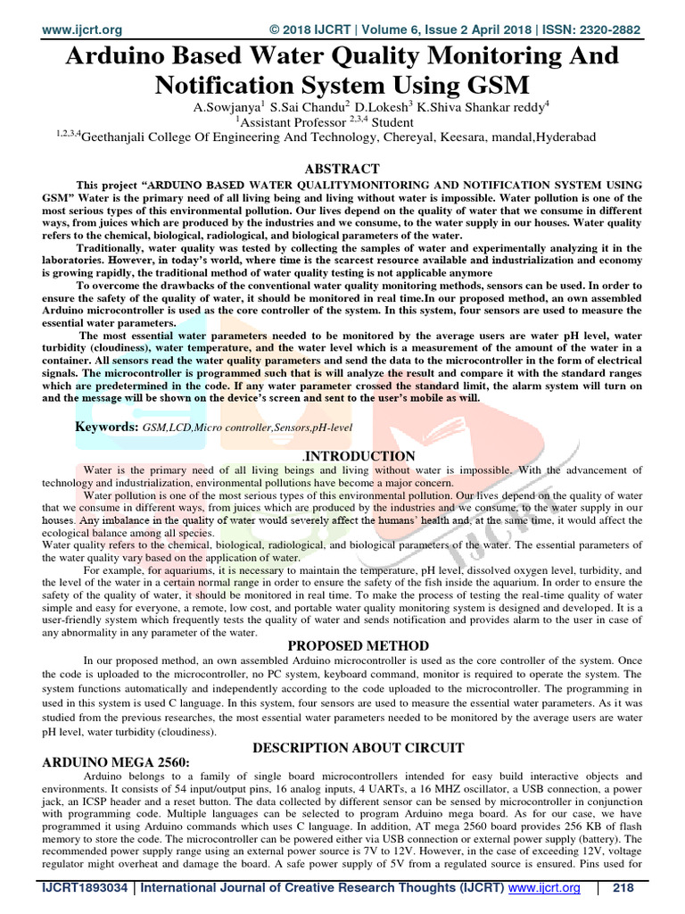 Arduino Based Water Quality Monitoring&Notification System Using GSM | PDF | Water Quality ...