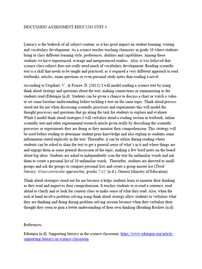 Discussion Assignment Educ5281 Unit 3 | PDF | Learning | Cognition