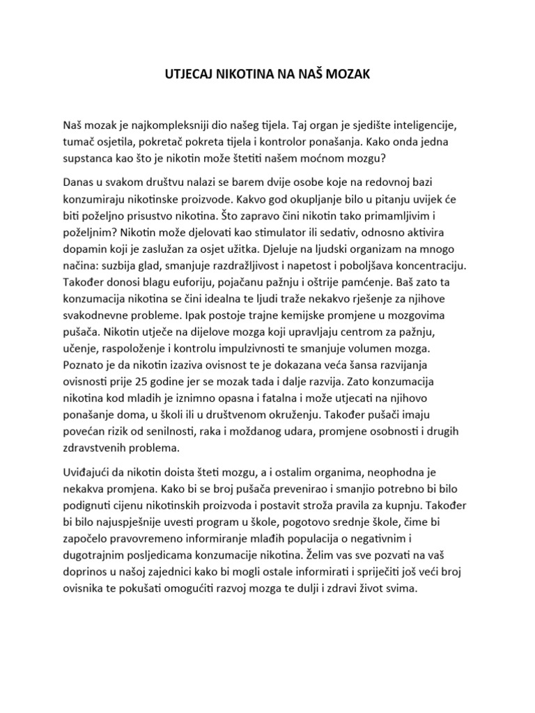 JAVNI GOVOR-Utjecaj Nikotina Na Naš Mozak | PDF