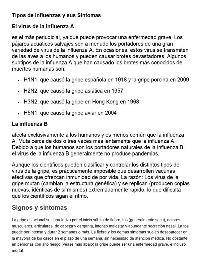 Tipos de Influenza y Síntomas Comunes | PDF