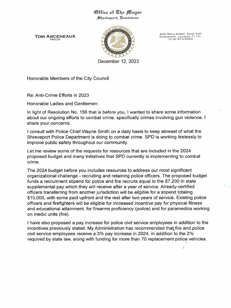 Mayor Tom Arceneaux's letter to City Council members about the 2024 ...