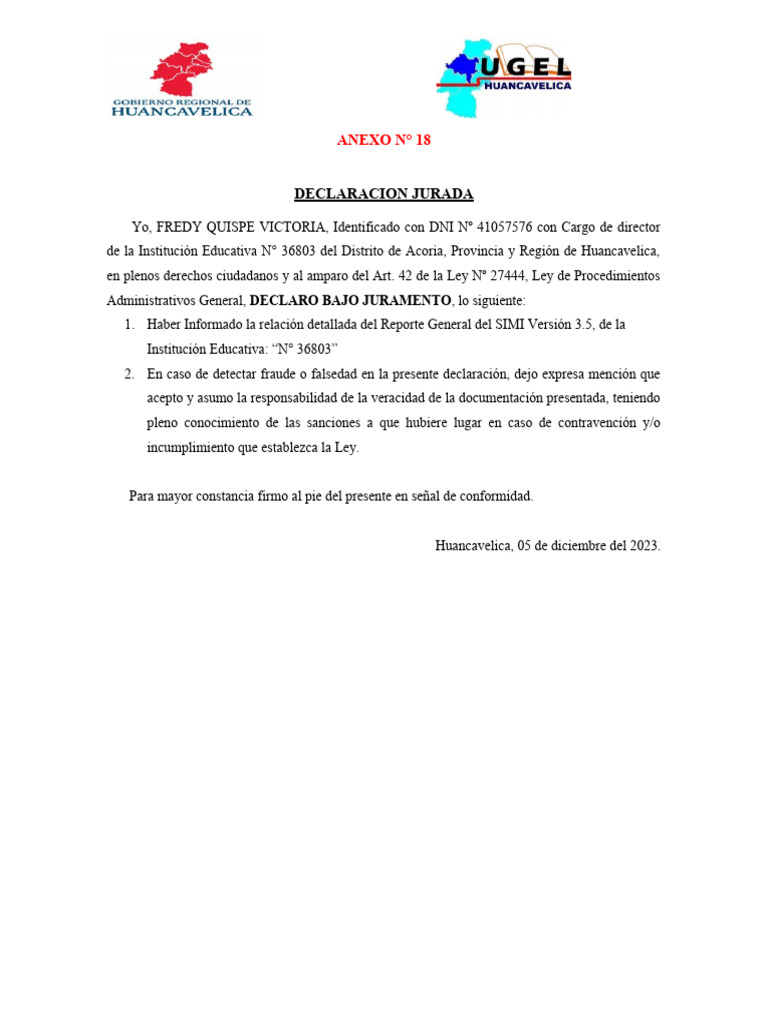 Anexo #18 - Modelo de Declaracion Jurada de Bienes Muebles | PDF