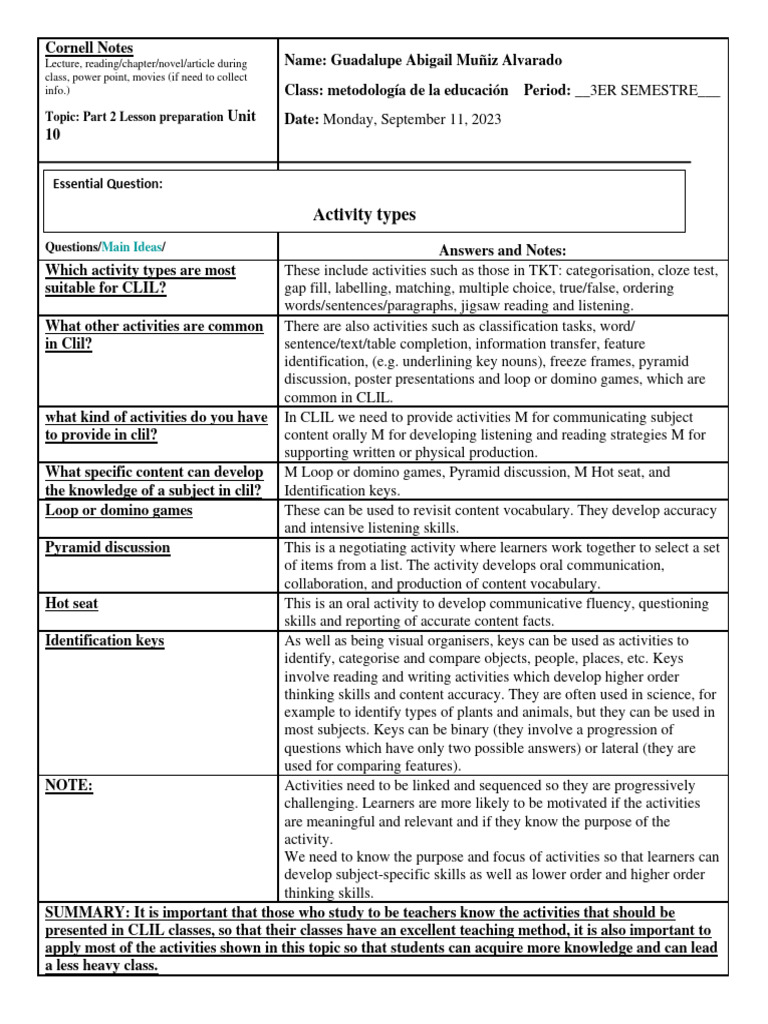 Cornell Notes MET - 10 | PDF | Learning | Teaching Method