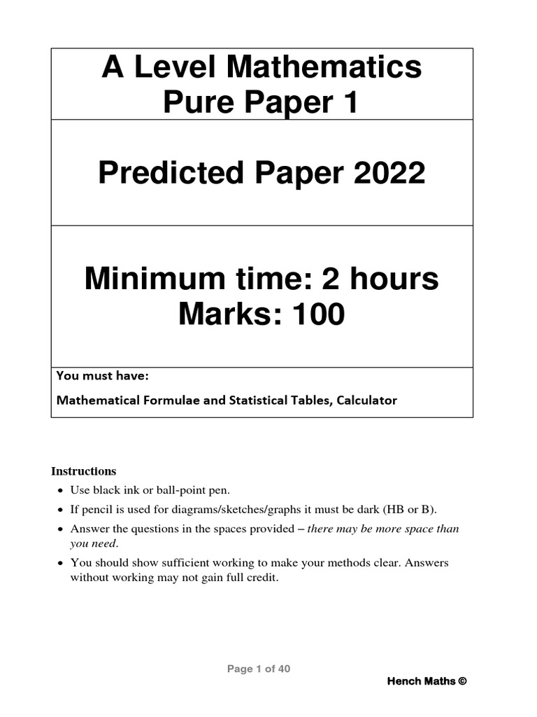 A Level Maths Pure 1 Predicted Paper Hench Maths | PDF | Mathematics ...