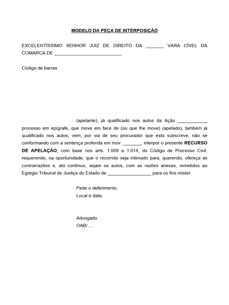 Modelo Da Peça de Interposição | PDF | Sentença (jurídico) | Direito Comum Modelo Da Peça de Interposição | PDF | Sentença (jurídico) | Direito Comum