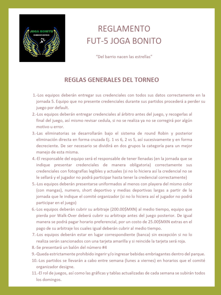 Reglameto 2023 Joga Bonito | PDF | Juegos de pelota | Deportes de equipo Reglameto 2023 Joga Bonito | PDF | Juegos de pelota | Deportes de equipo