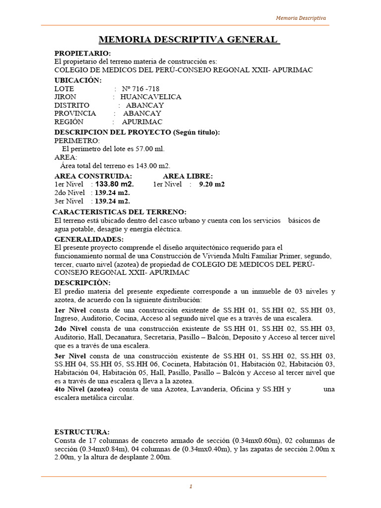 Memoria Descriptiva General | PDF | Materiales de construcción | Materiales