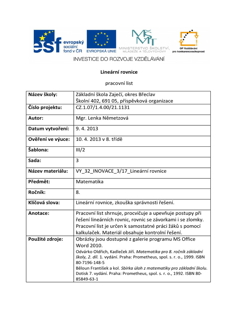 Lineární Rovnice | PDF
