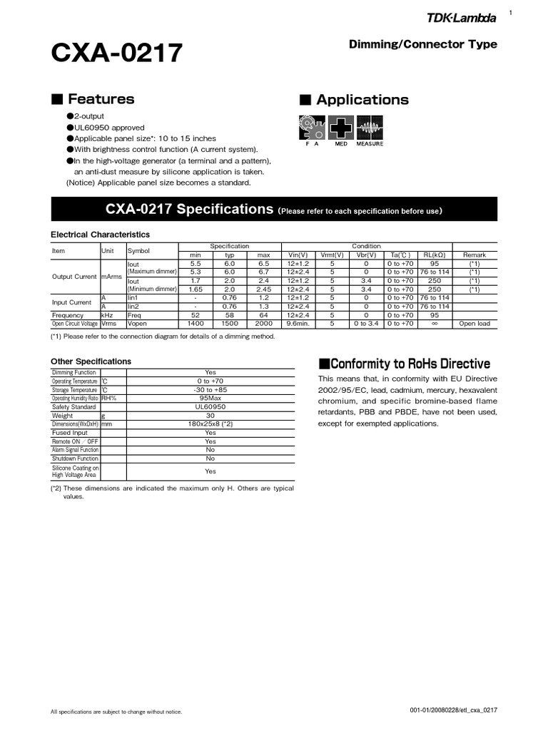 Cxa-0217 Pcu-P027a Backlight Inverter TDK Datasheet | PDF | Physical Quantities | Electrical ...