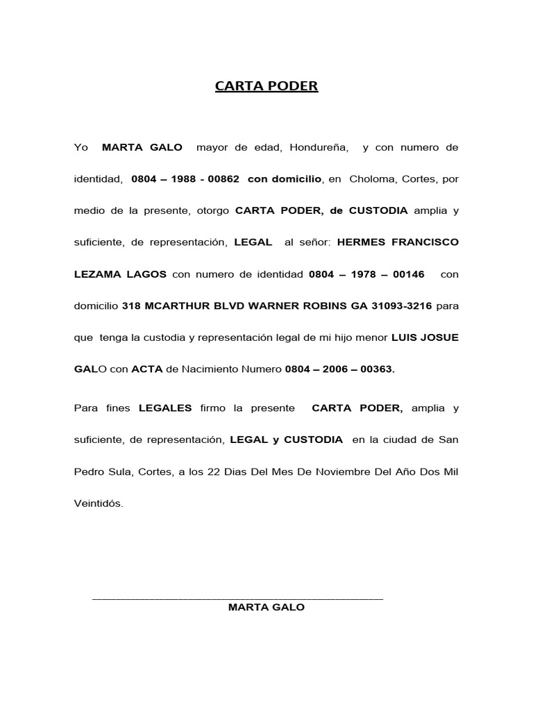 CARTA PODER, De CUSTODIA Amplia y Suficiente, De Representación, LEGAL ...