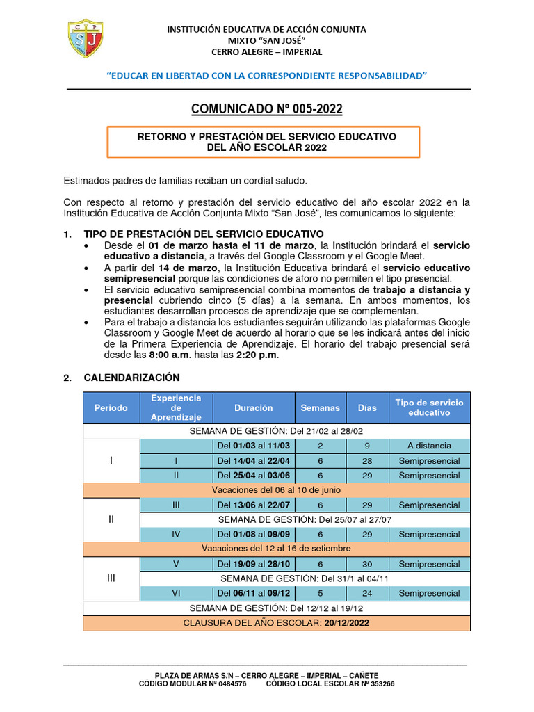 Comunicado #005-2022 | PDF | Evaluación