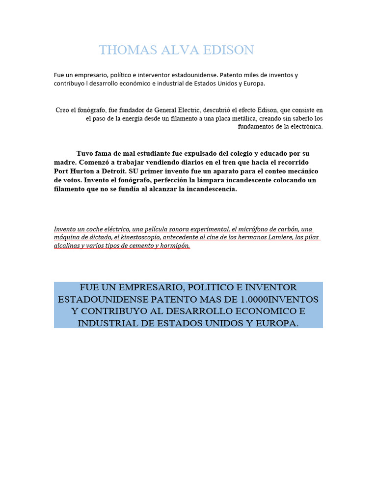 THOMAS ALVA EDISON | PDF | Thomas Edison