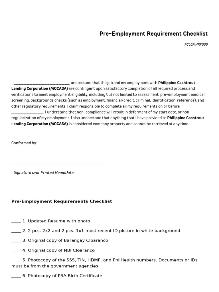 Pre-Employment Checklist for MOCASA | PDF