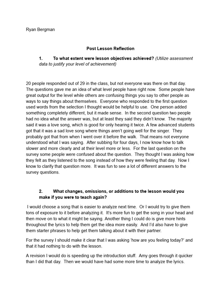 Lesson Reflection and Future Plans | PDF | Question | Communication