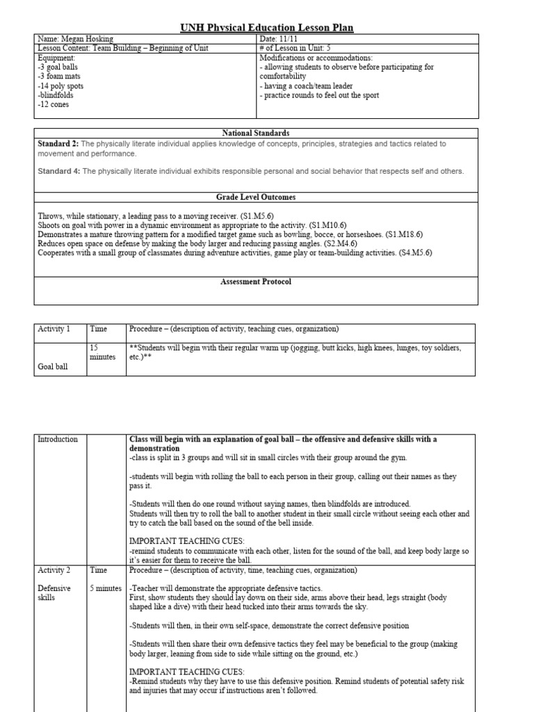 Goalball Lesson Plan Marshwood Ms | PDF | Cognitive Science | Cognition