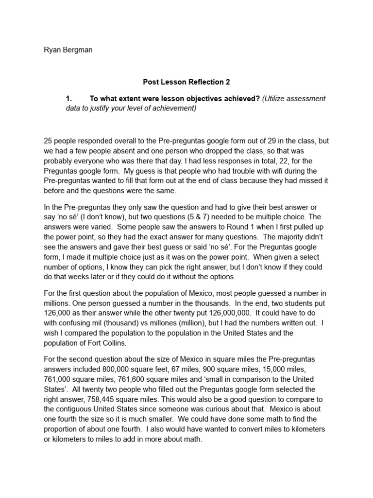 Educ450 Bergman Lesson 2 Post Lesson Reflection | PDF | Multiple Choice