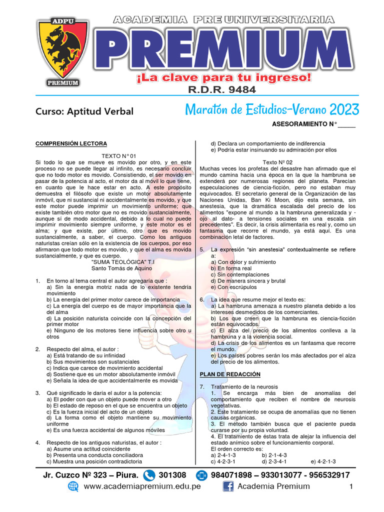 Aptitud Verbal-Pre U-Ver23-Maraton-Ases-01 | PDF | Articulación ...