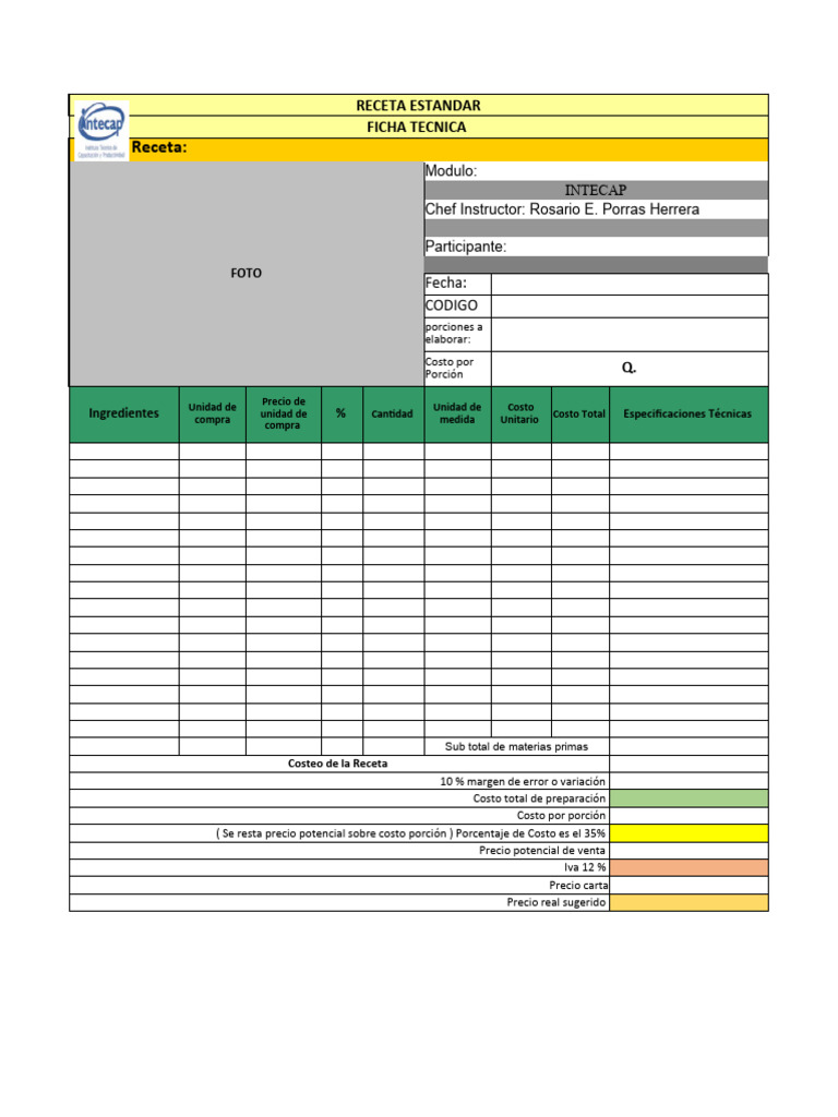 Formato en Blanco de Receta Estandar | PDF