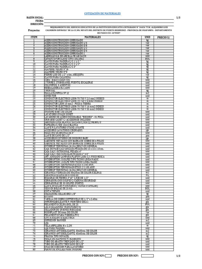 Lista de Insumos Cotizar - Nevati | PDF | Ingeniería | Materiales de construcción