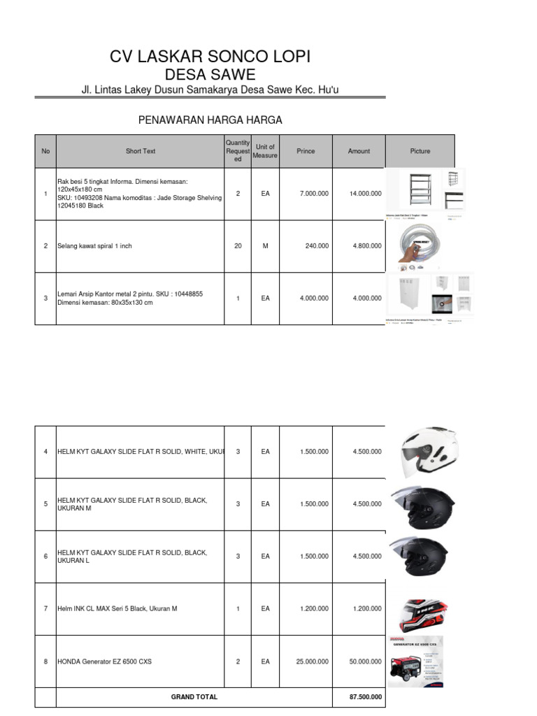 Penawaran Harga CV LASKAR SONCO LOPI | PDF