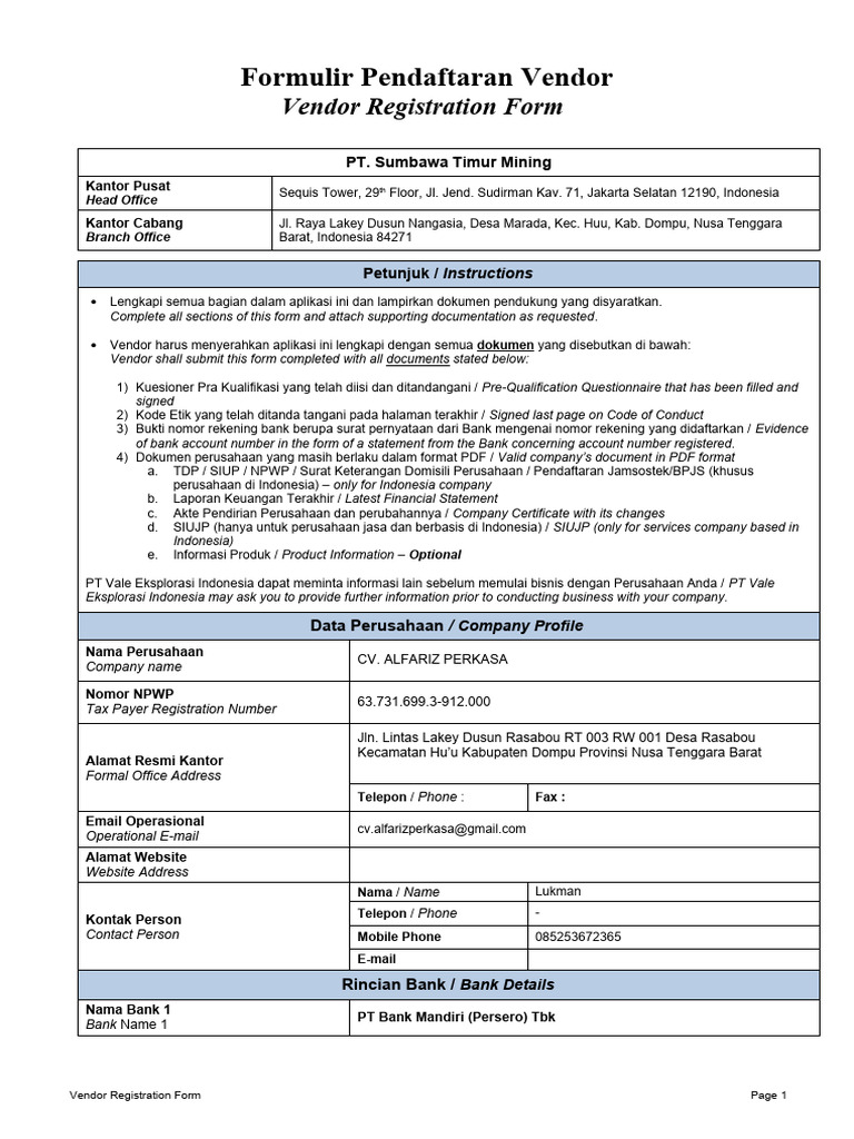 Formulir Pendaftaran Vendor STM | PDF