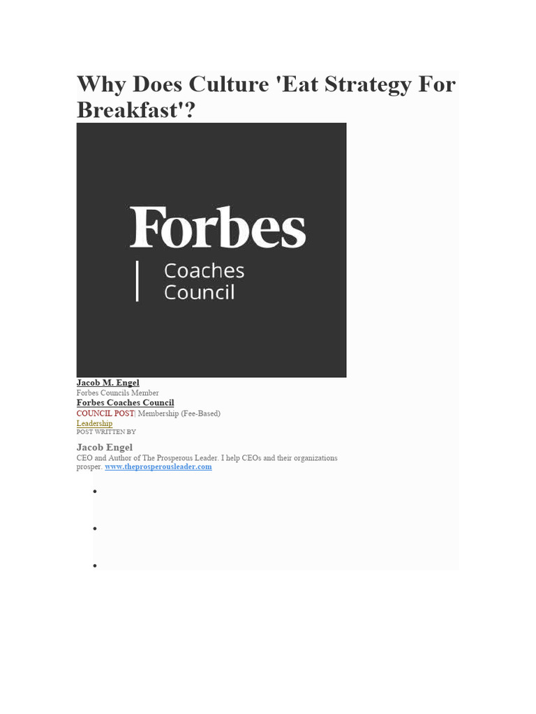 Culture Eats Strategy for Breakfast | PDF | Strategic Management ...