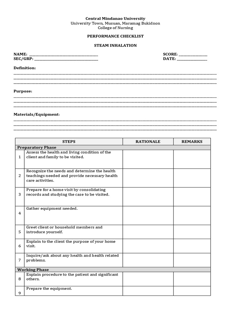 Steam Inhalation Procedure Checklist | PDF | Patient | Information