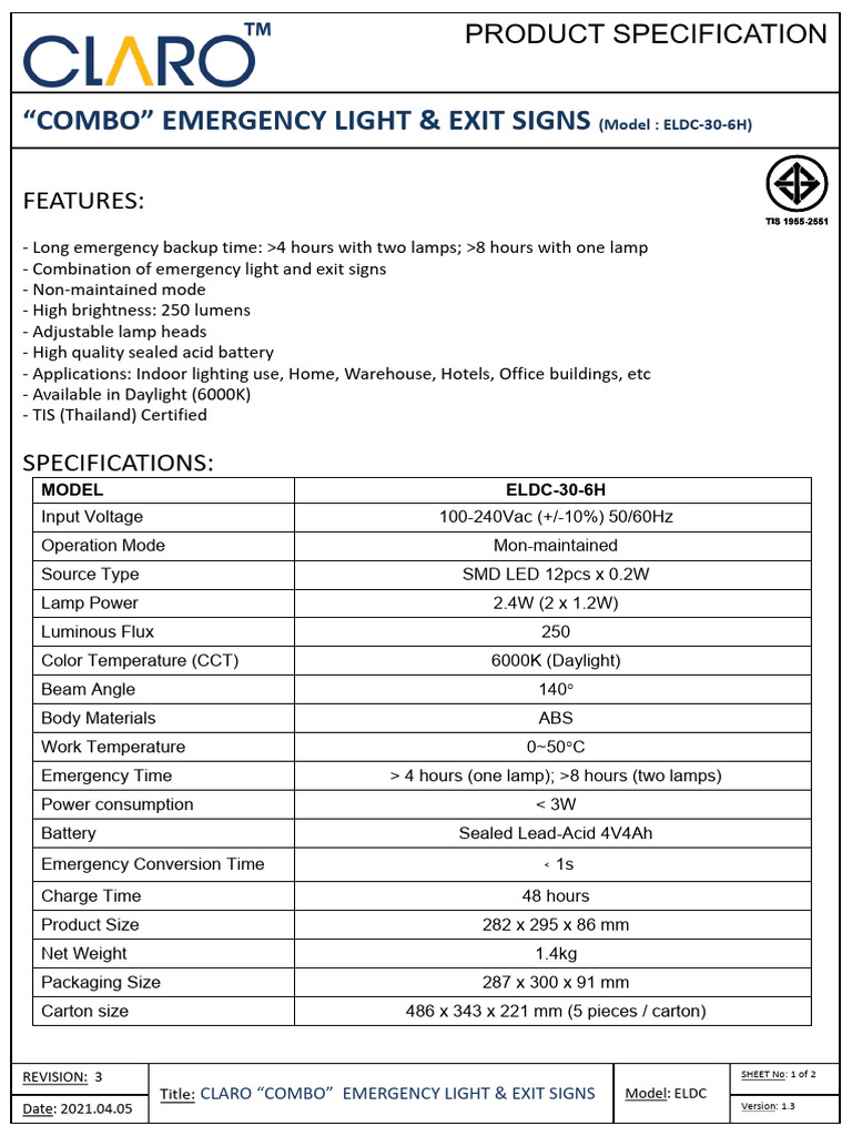 CLARO COMBO Emergency Light with Exit Signs v1.3 | PDF | Electrical ...