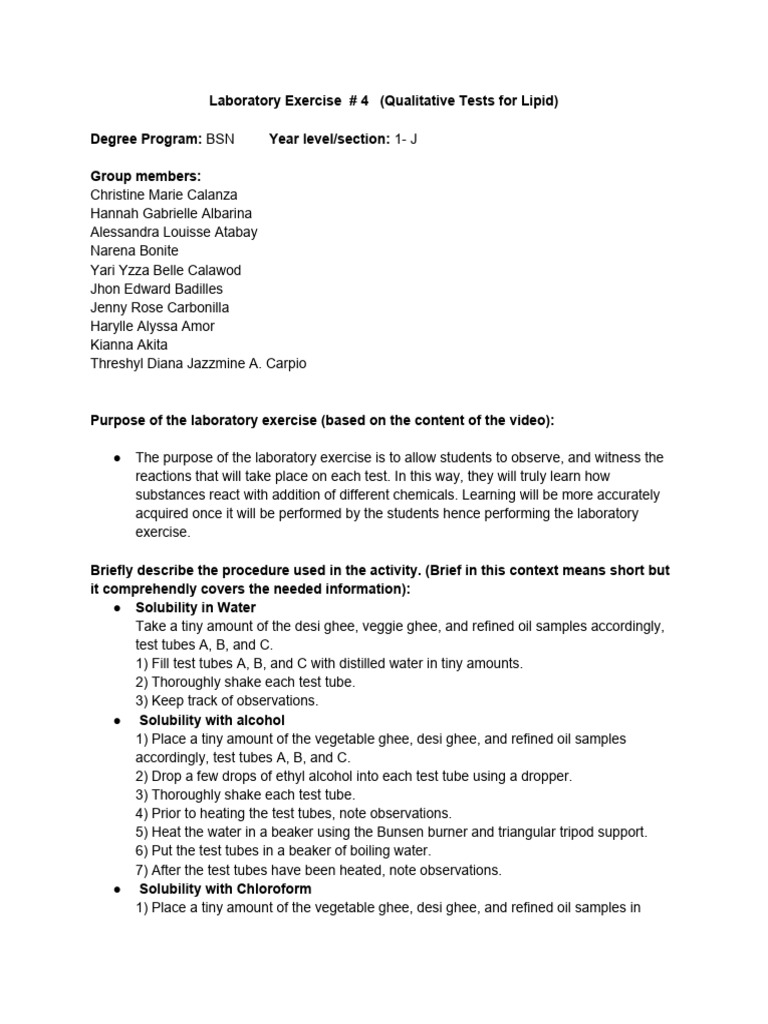 Lab Activity 5 Qualitative Test For Fats and Oils | PDF | Experiment ...
