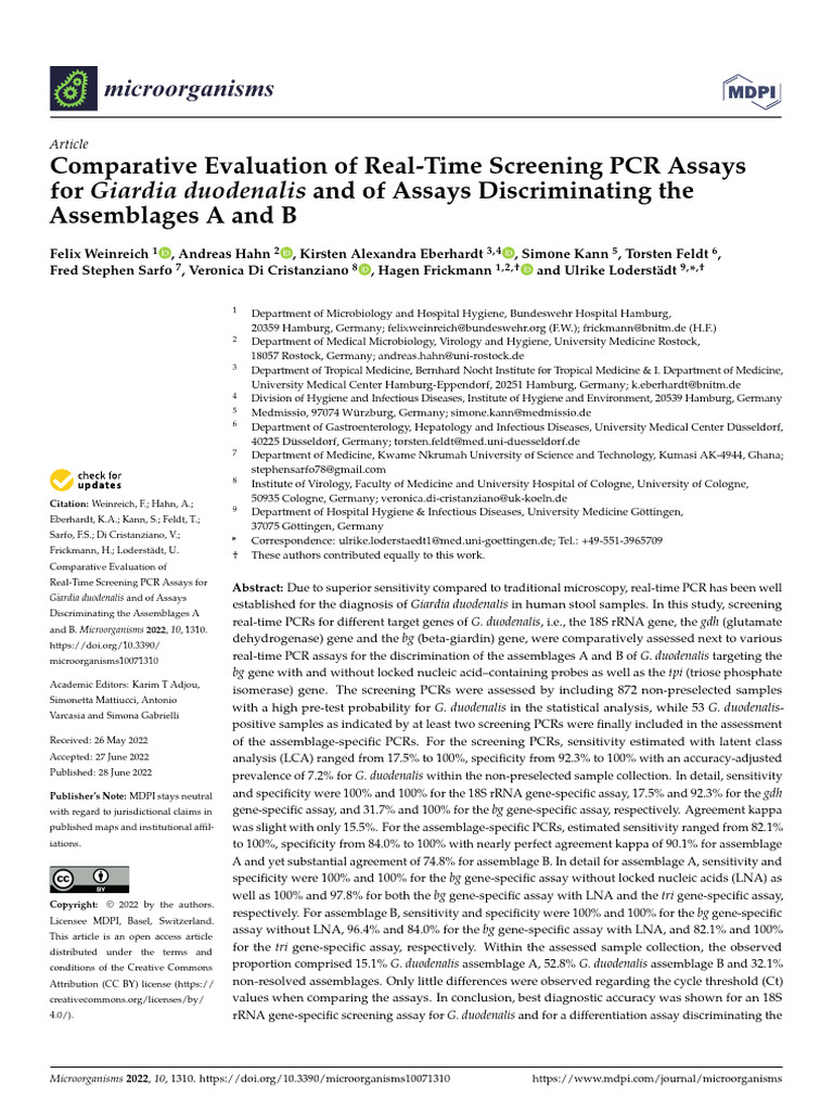 Comparative Evaluation Of Real Time Screening Pcr Assays For Giardia Duodenalis And Of Assays