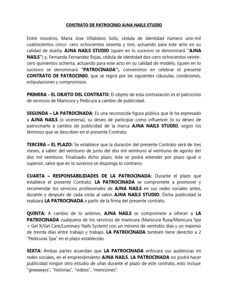 Contrato de Patrocinio AJNA NAILS | PDF