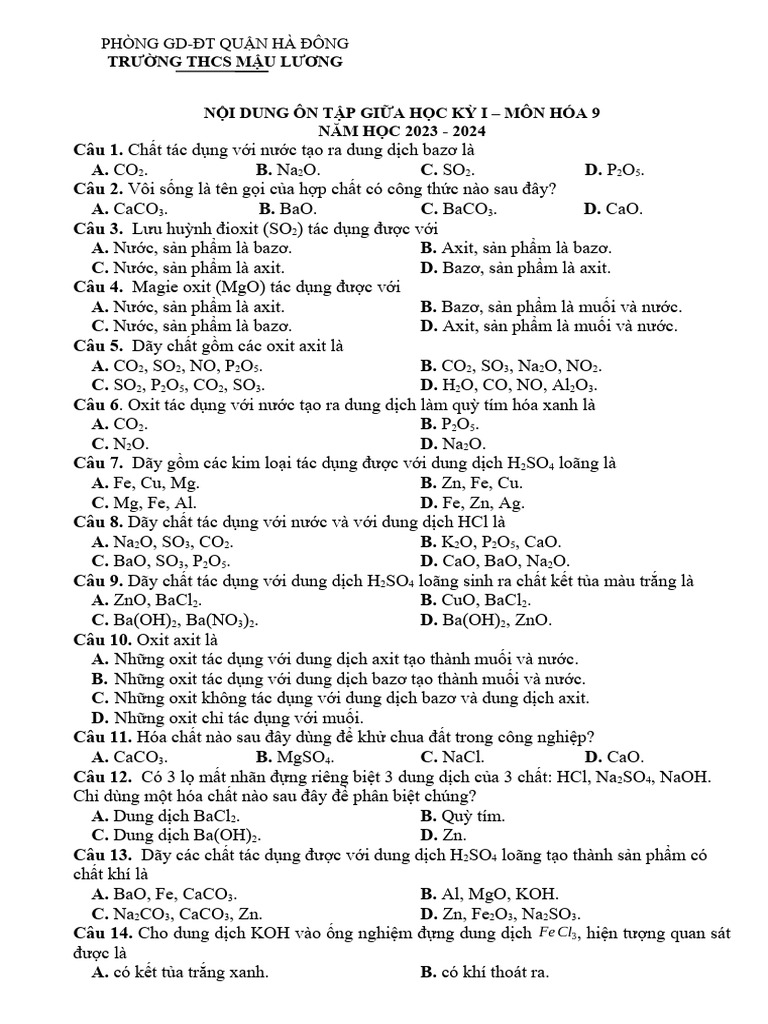 ND ÔN TẬP GKI - Hóa 9 | PDF