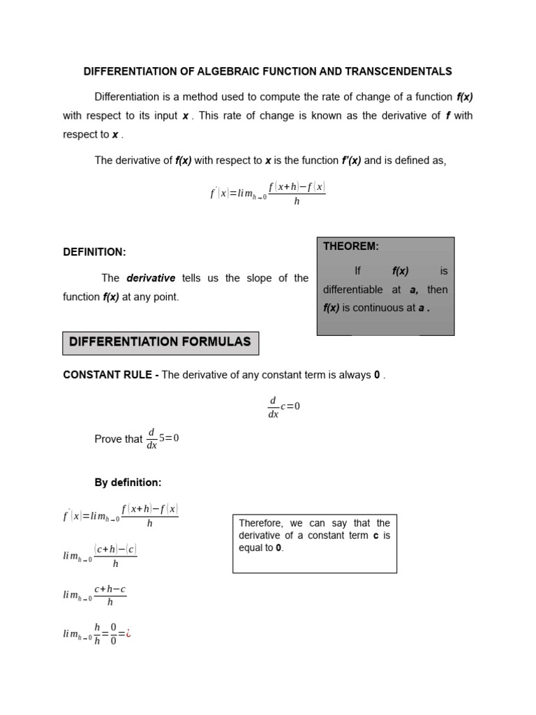 Differentiation of Algebraic and Transcendental | PDF | Derivative | Function (Mathematics)