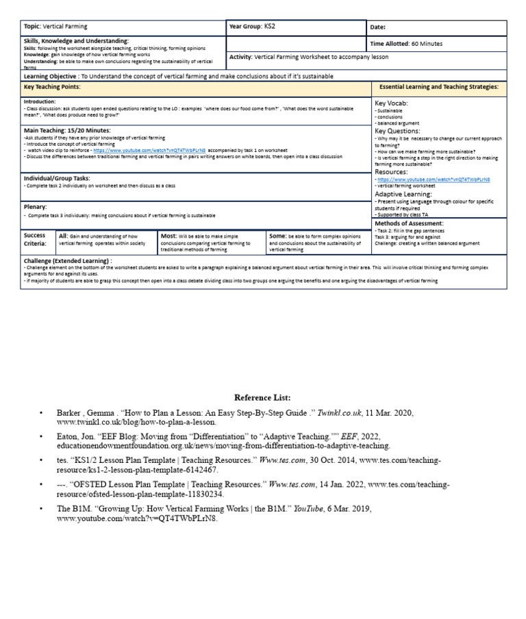 Lesson Plan ks2 and Refrences | PDF | Learning | Knowledge