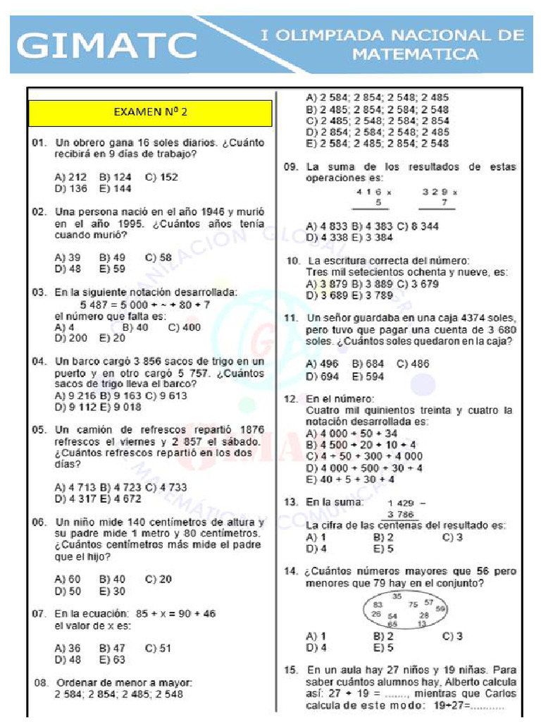 4to Grado Matematica Exámen | PDF