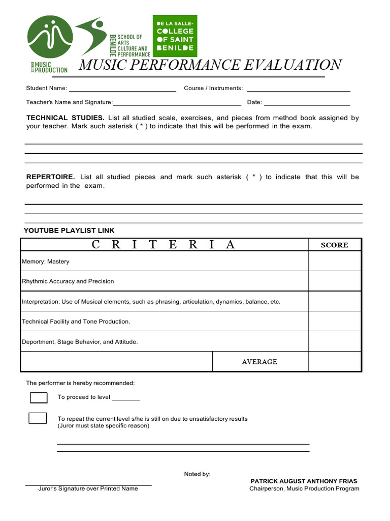 Music Performance Evaluation Form 1st2022.23-2 | PDF