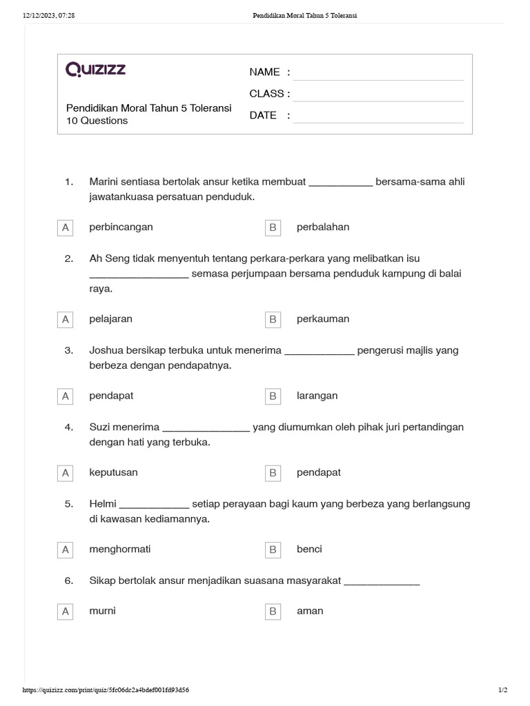 Latihan Pendidikan Moral Tahun 5 | PDF