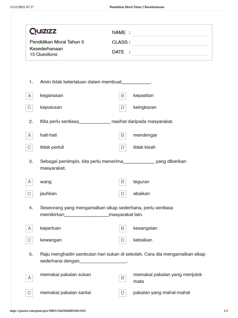 Pendidikan Moral Tahun 5 Kesederhanaan | PDF