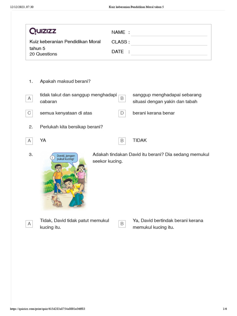 Kuiz Keberanian Pendidikan Moral Tahun 5 | PDF