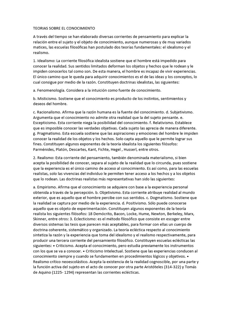 Teorias Sobre El Conocimiento | PDF | Conocimiento | Realismo filosófico